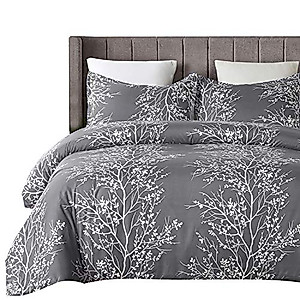 Vaulia Lightweight Cooling Microfiber Duvet Cover Set, Grey and White Floral Branches Printed Pattern All Season - Queen Size, 3-Piece Set (1 Duvet Cover 2 Pillow Shams)