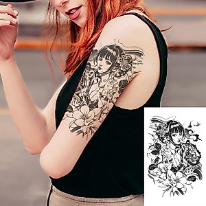 Oottati 6 Sheets Arm Fake Waterproof Temporary Tattoos Stickers Black Japanese Geisha Samurai Women Flower Lotus