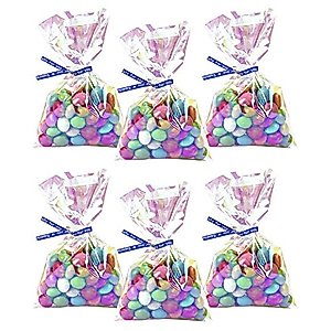Morepack Easter Iridescent Holographic Cellophane Treat Bags,4x6 Inch Party Favor Cookie Bags with 5 Colors Twist Ties for Baby Showers Weddings Birthday Party,100Pcs