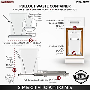Rev-A-Shelf RV-12KD-17C Single 35 Quart Kitchen Cabinet Pull-Out Trash Can Waste Bin Container with Rear Storage and Chrome-Plated Wire Bottom Mount