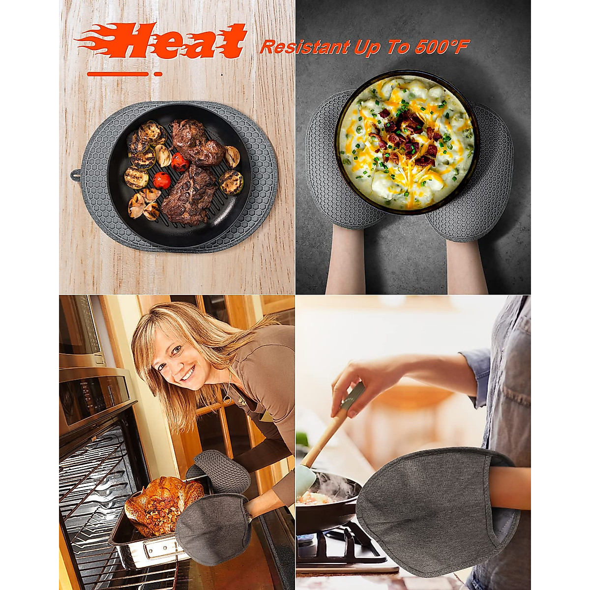 Pot Holders for Kitchen Heat Resistant, Silicone Pot Holders Set of 2 Hot Pads Pot Holders with Pocket Machine Washable for Cooking Baking, 9.8"x7.6"