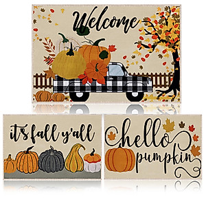 Timgle 3 Pcs Fall Welcome Mat Oudoor Thanksgiving Rug Door Mat Kitchen Mat Farmhouse 16 x 24 Inch Front Door Entrance Pumpkin Mat Rustic Door Rug Nonslip Decor for Yard Floor Indoor Outdoor