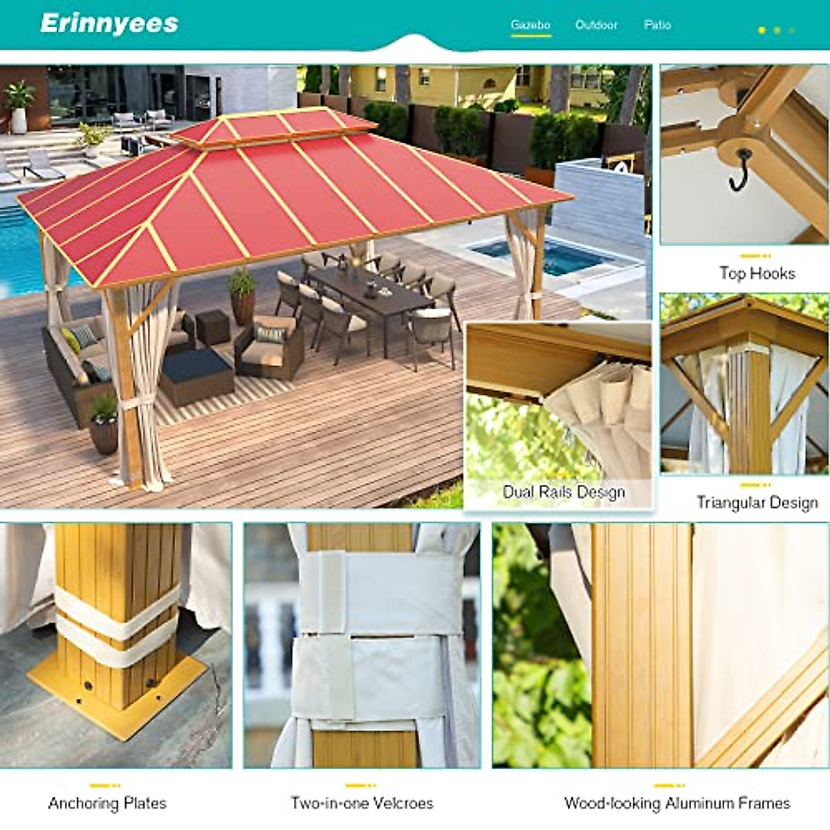 Erinnyees 12' x 16' Wood Grain Hardtop Gazebo, Outdoor Aluminum Composite Double Roof with Privacy Curtain and Mosquito Net for Patio, Lawn, Garden, Deck(Wood Looking, Wine Red)