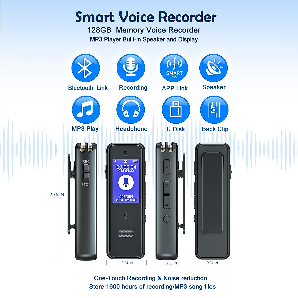 128GB Voice Recorder,Smart Recording Device with Phone APP One-Touch Recording,Capacity is 1600 Hrs Voice Recorder with Playback, Audio Recorder for Lectures, Meetings, Cars, Interviews,Class (128GB)