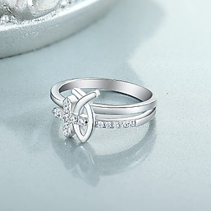 STARCHENIE Cross Ring 925 Sterling Silver Christian Fish Ichthus Ring Size 7