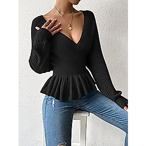 SweatyRocks Women's Deep V Neck Rib Knit Wrap Top Long Sleeve Ruffle Hem Peplum Sweater Black M