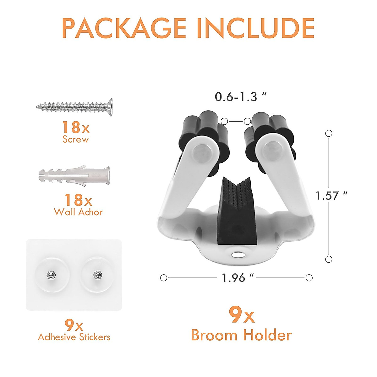 Adhesive Broom Holder Wall Mount - 9 Pack White Mop Hanger Cleaning Tools Handle Grippers Organizers - Heavy Duty Metal Broom Clip Hooks for Laundry Room Utility Closet Garage Garden Bathroom