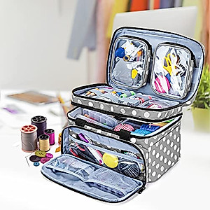 BAFASO Double Layer Sewing Accessories Organizer with 2 Detachable Pouches, Large Sewing Storage Bag for Sewing Tools, Polka Dots