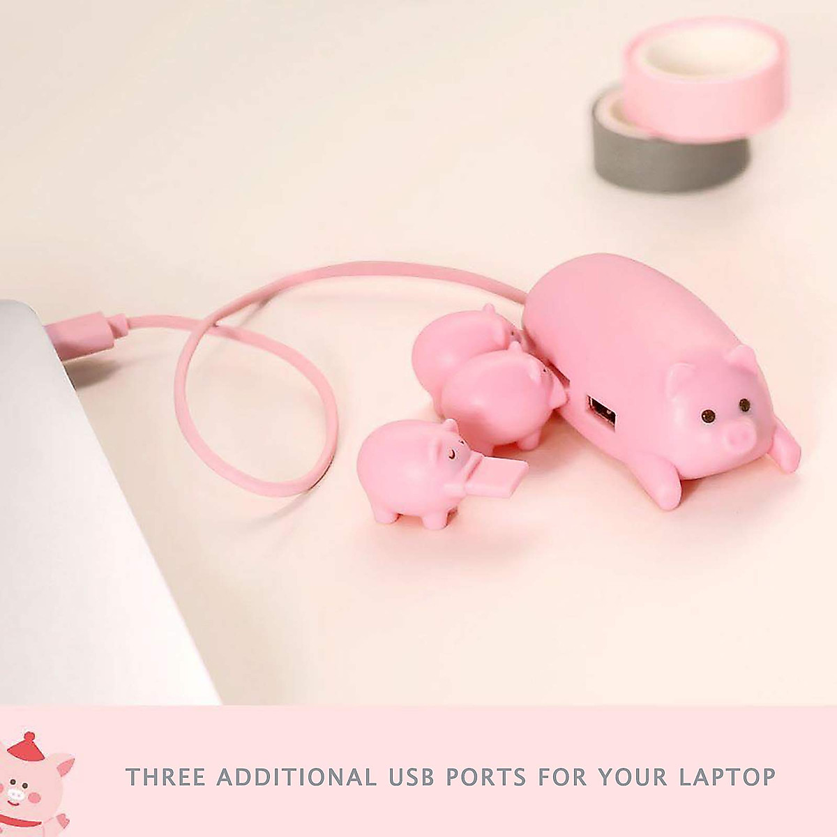 JoyReken Pink Pig USB Hub, 3-Port Cute USB Hub with 3 Piglet Decoration Lids, Perfect Pig Stuff & Gifts for Pig Lovers, USB Splitter for Hard Drives, Mouse, and Keyboard.