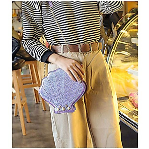 Hologram Laser Shell Shoulder Bags Pearl Cross-body Chain Purse Bags for Womens(Purple)