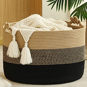 KAKAMAY Large Cotton Rope Blanket Basket (20"x13"),Woven Baby Laundry Hamper，Blanket Basket for Nursery, Laundry, Living Room, Pillows, Toys Dotted Pattern（White）
