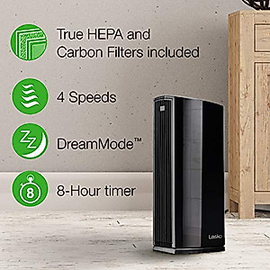 Lasko LP450 Premium HEPA Tower Air Purifier for Home with DreamMode and Timer – True HEPA Filtration Removes 99.97% of Smoke, VOCs, Odors, Pet Dander, Virus Sized Particles, Pollen, Dust and Mold