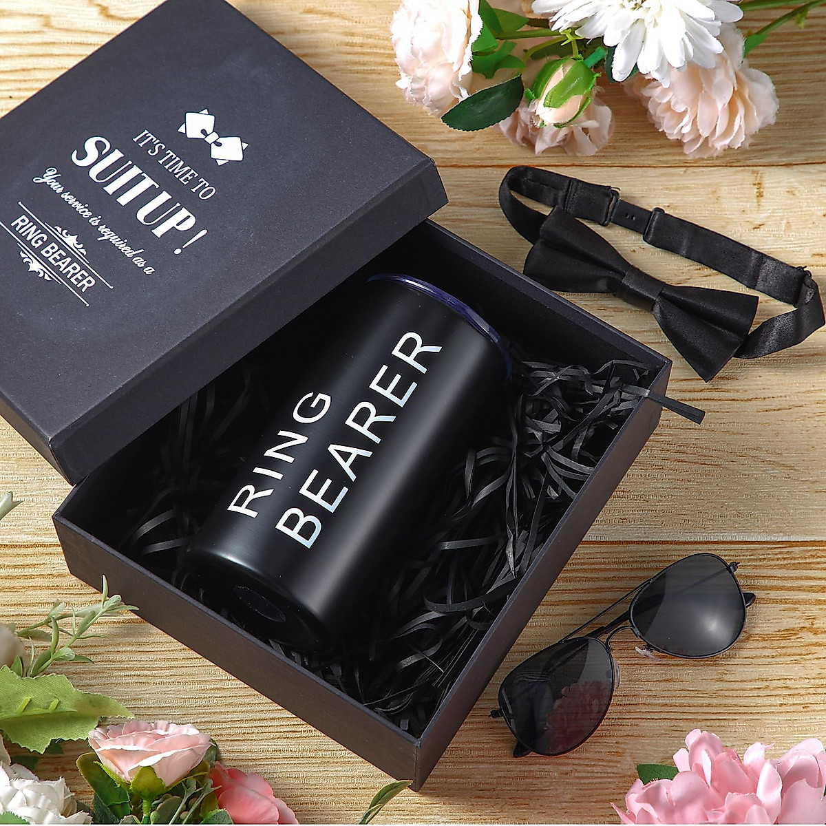 Mepase 4 Pcs Ring Wedding Bearer Gifts Include Groomsmen Proposal Box, Sunglasses, Tie and Tumbler, Groomsmen Proposal Gift for Ring Kids Boys Bearer Security Bridesmaids Costume Outfit Accessories