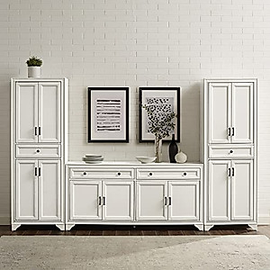 Crosley Furniture Tara 3-Piece Modern Farmhouse Sideboard Buffet Cabinet and Kitchen Storage Pantry Set, Distressed White