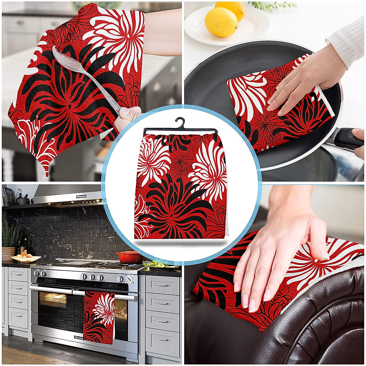Kitchen Towels Set Black White Chrysanthemums Tea Towel Microfiber Absorbent Washable Flower Petals Red 2 Pack 18x28 Inches Absorbent Soft Cotton Dish Cloths Bar Towels & Tea Towels