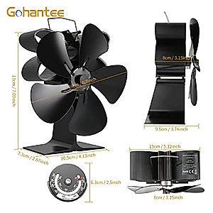 Gohantee 5 Blade Wood Stove Fan, Heat Powered, Ultra Silent, Eco-Friendly, Circulates Warm Air for Gas, Pellet, Wood Log Stoves with Thermometer