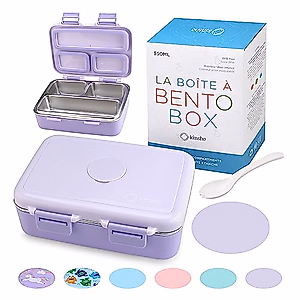 kinsho Stainless Steel Lunch Box for Baby or Toddlers Girls, Mini Bento, 3 Eco Metal Portion Sections Leakproof Lid, Pre-School Daycare Lunches, Toddler and Kids Spill-Proof Snack Container, Purple