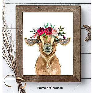Cute Baby Goat w/Flower Crown Wall Art Home Decor - Decoration for Girls or Boys Bedroom, Nursery, Kids Room, Playroom, Preschool, Daycare - Farmhouse, Farm Theme Gift - Baby Animals Picture Print