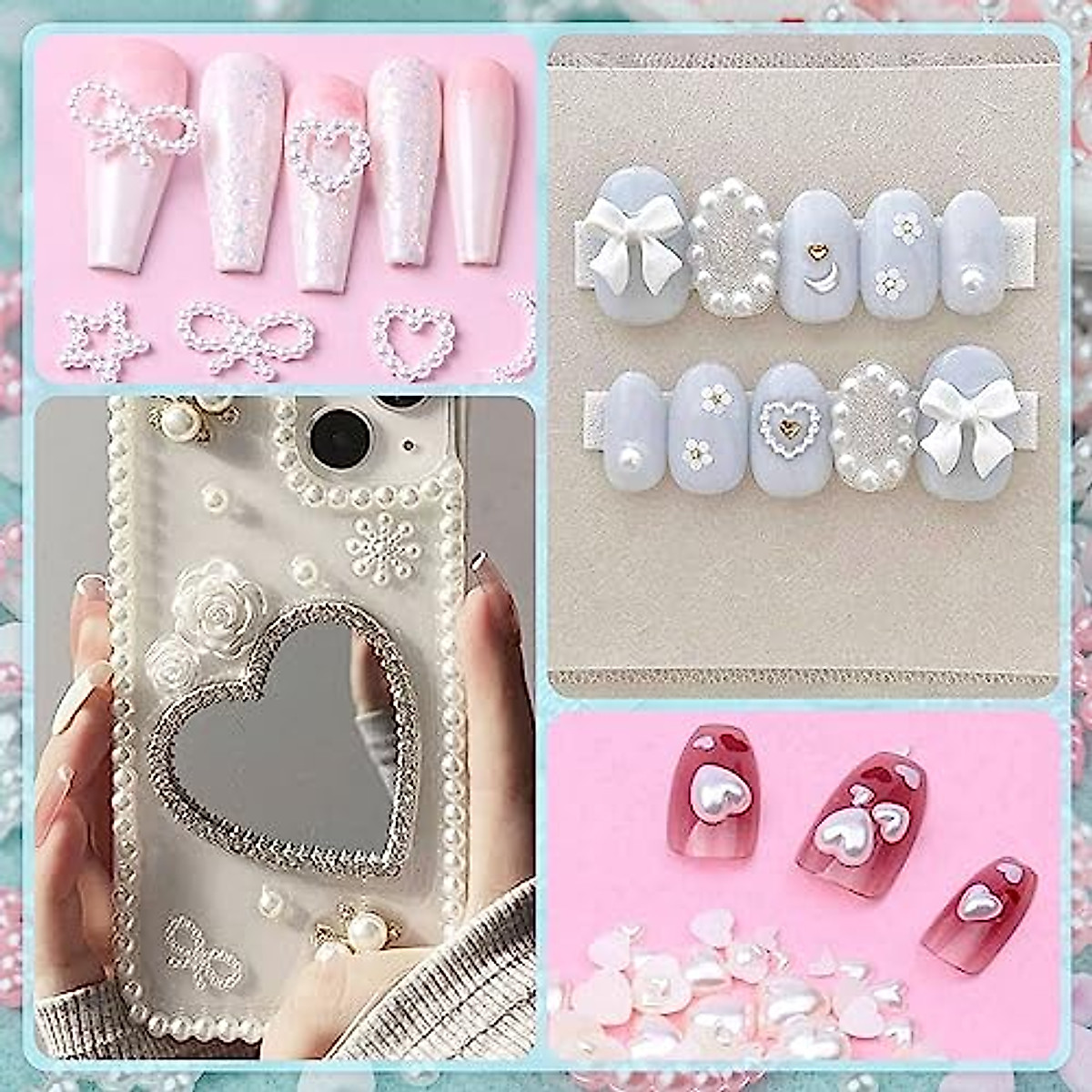 600Pcs 3D Multi Shapes Nail Charms and Flatback Pearls, White Mix Styles Heart Star Bow Sunflower Embellishments for Nail Art, Craft and Decoration with Glue Gel, Tweezer and Pickup Pencil