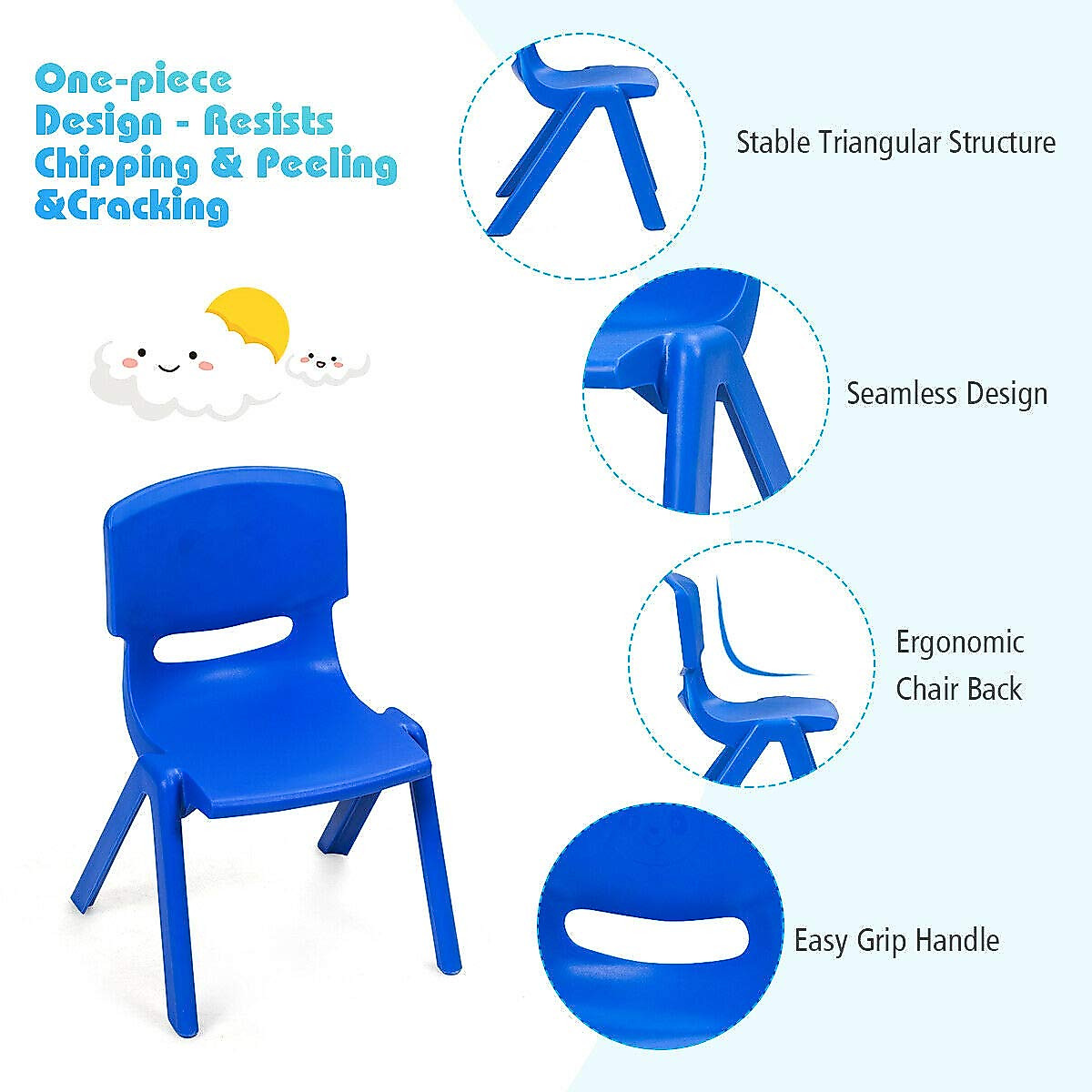 Costzon Plastic Stackable School Chairs, 4 Pack, Kids Learning Chairs with 11 inch Seat Height, Carrying Handle, Waterproof Children Chairs for Playrooms, Schools, Daycares and Home (4 Pack, Blue)