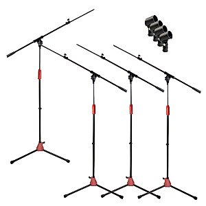 Tripod Microphone Boom Stand with Mic Clip Adapter (Pack of 4) by GRIFFIN | Adjustable Holder Mount For Studio Recording Accessories, Singing Vocal Karaoke, Live Stage | Folding Legs & Telescoping Arm