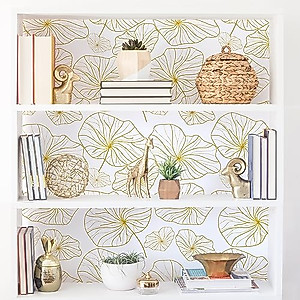 Nukofal Lotus Leaf Wallpaper Peel and Stick Wallpaper Lotus Floral Wallpaper 17.7In x 118.1In Leaf Contact Paper Gold and White Wallpaper Modern Removable Wallpaper Self Adhesive Wall Paper Vinyl