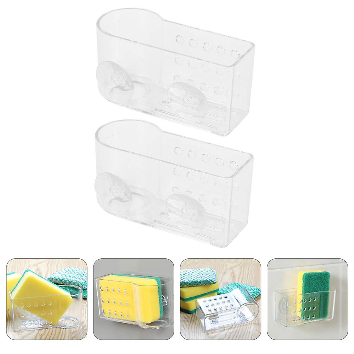 DOITOOL 2pcs Kitchen Sink Caddy Suction Cup Sponge Holder Plastic Sink Tray Soap Scrubber Brush Drying Rack Kitchen Draining Basket