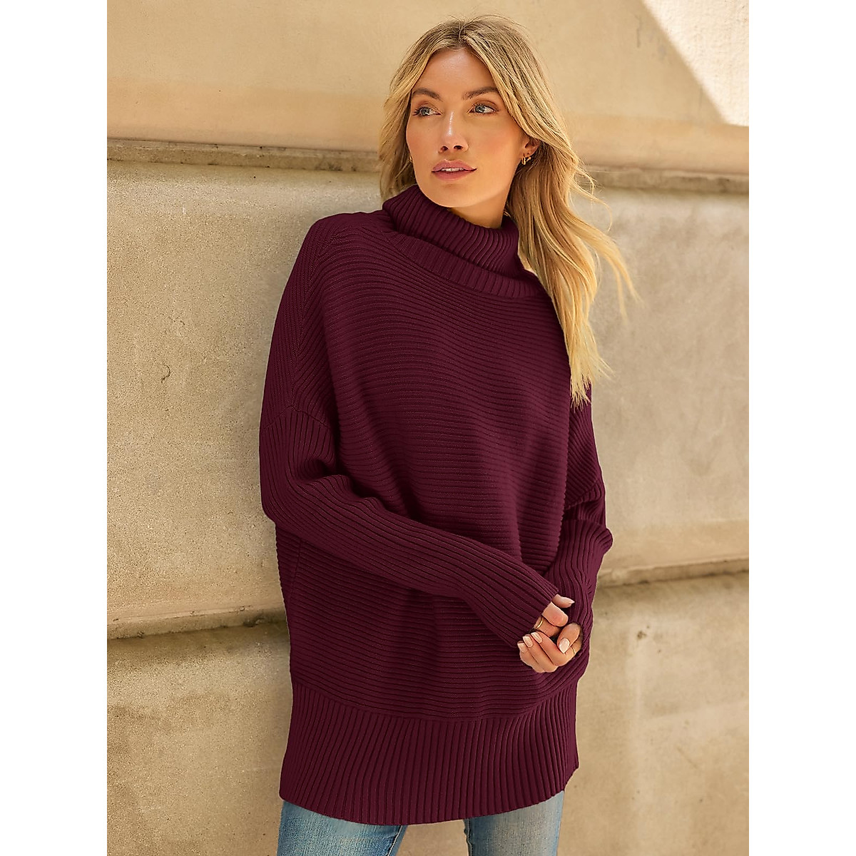LILLUSORY Womens Turtleneck Oversized Tunic Fall Sweaters 2025 Casual Long Pullover Knit Winter Cute Poncho Fashion Trendy Clothes Outfits Clothing Tops Leggings Wine Red