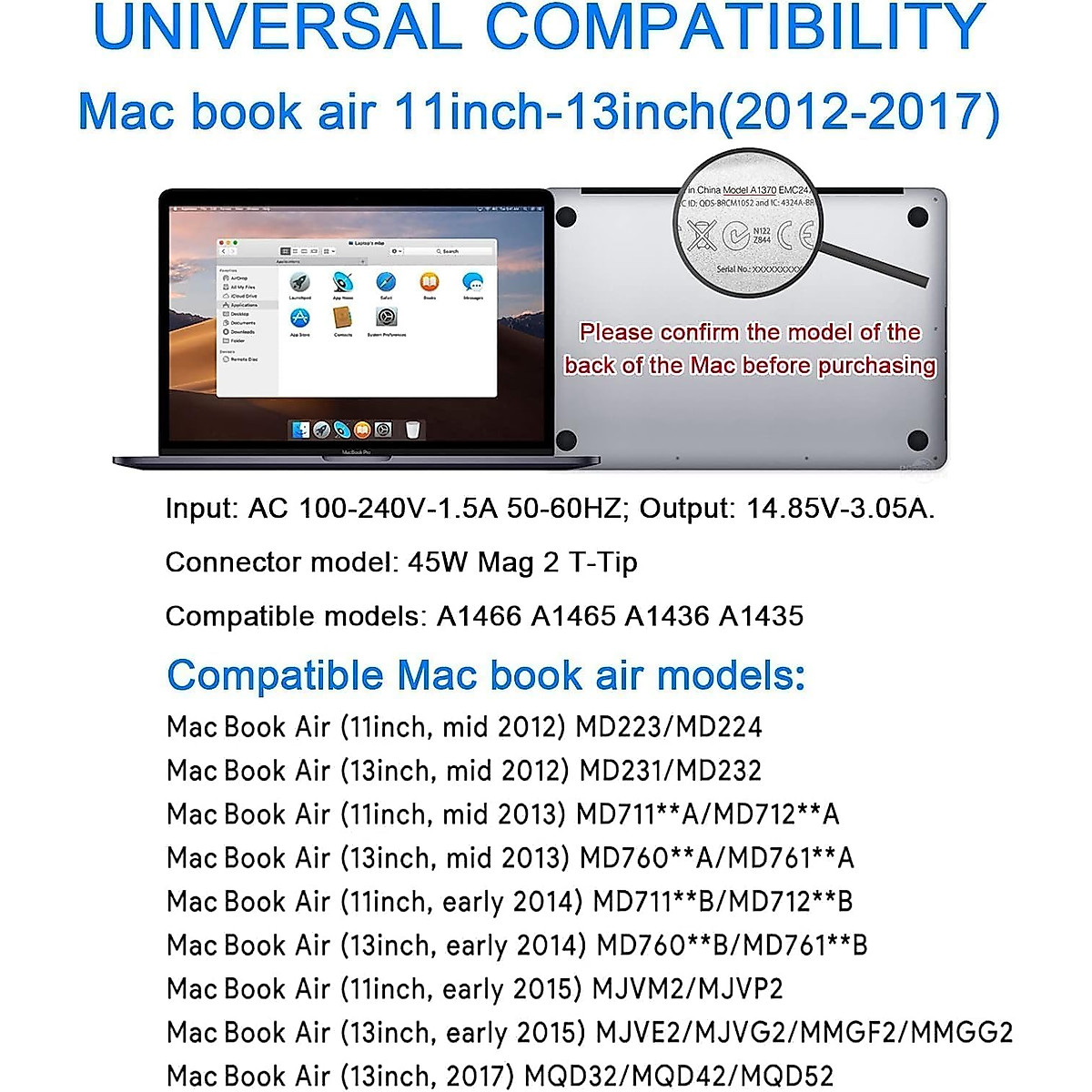 Universal Charger,Replacement for 45W T-Tip Charger,Compatible with Mac Book Air 11 inch & 13 inch Between 2012-2017