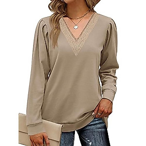 Langwyqu Women's Casual Long Sleeve Sweatshirts V Neck Loose Fit Solid Color Work Pullover Shirt Tops Khaki