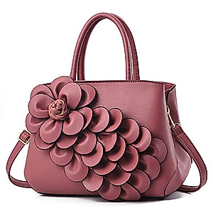 Mn&Sue Ladies Top Handle Satchel 3D Flower Women Elegant Handbags Pu Leather Crossbody Tote Purse (#2 Dark Pink)