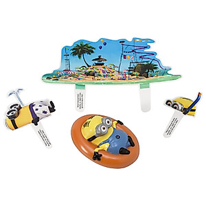 DecoSet® Despicable Me Beach Party Minions Cake Topper, 4-Piece Set with Keepsake Minion Figure, 2 Layon Picks,1 Laydown Image, Create Fun Cakes or Cupcakes, Food Safe