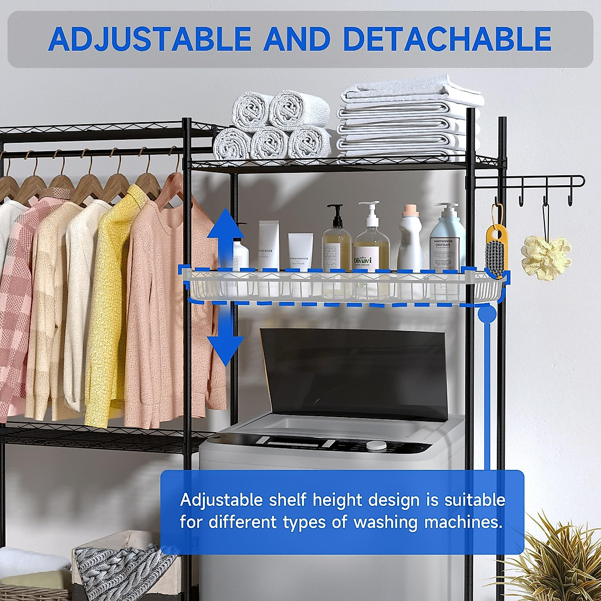 Over the Washer and Dryer Storage Shelf, Height Adjustable Laundry Room Organization Shelf, Clothes Drying Rack for Laundry Room Organization and Storage with Wire Basket, Hanging Rods and Side Hooks