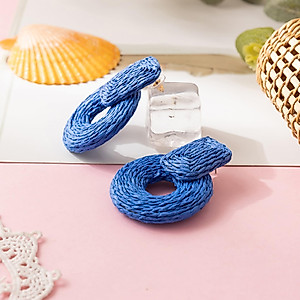ATIMIGO Royal Blue Handmade Statement Raffia Earrings Cute Boho Rattan Dangle Earrings Lightweight Straw Wrap Summer Drop Dangling Earrings for Women