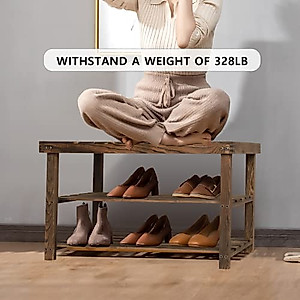 Babion Shoe Rack Bench, 3-Tier Shoe Storage, Dark Brown Shoes Organizer Shelf, Multi-Function Shoe Shelf, Sturdy Shoe Rack for Entryway, Bathroom, Industrial Style, Wooden Frame