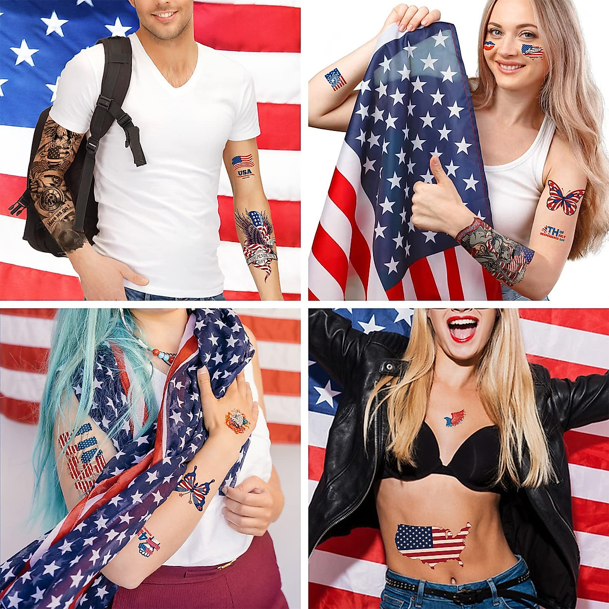 Aresvns Independence Day Temporary Tattoo 32 Sheets,USA Flag Sleeve Tattoo,Red White and Blue Party Supplies, 4th of July, Memorial Day, Labor Day Decorations Patriotic Tattoos