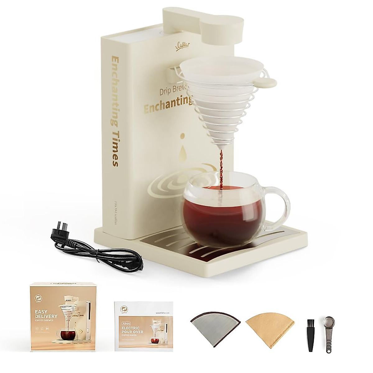 Electric Pour Over Coffee Machine Automatic ,One Button Press Drip Electric Coffee Maker with Elegant Design for Car Camping Hiking Outdoors Portable Use,10oz 400W Americano Dripper (Classical White)