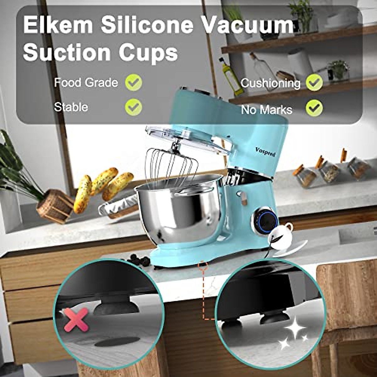 Vospeed Stand Mixer, 8.5 QT 660W 6-Speed Tilt-Head Food Mixer Kitchen Electric Mixer with Stainless Steel Bowl, Beater, Hook, Whisk. (Blue)