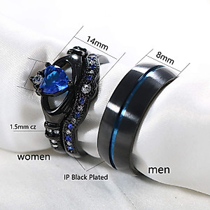 Ringcrown Couple Rings Black Gold Filled Heart Blue Cz Claddagh Ring Womens Wedding Ring Sets Man Tungsten Wedding Band