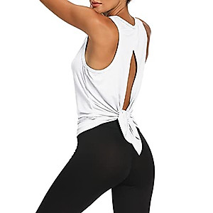 Bestisun Women's Yoga Workout Tank - Tie Back Athletic Gym Top, Activewear Muscle Shirt - White, Small