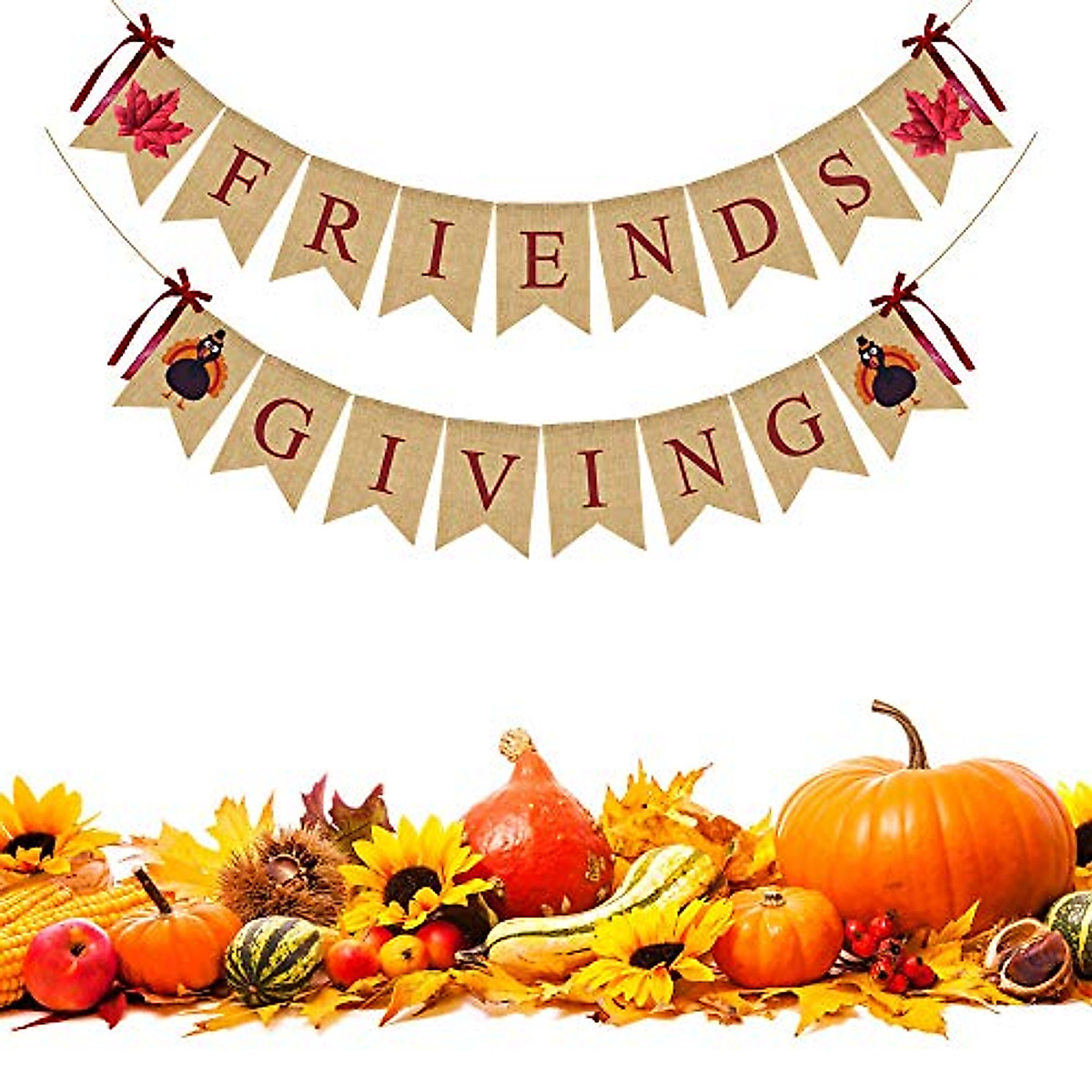 Friendsgiving Banner Decorations,2 Pack Thanksgiving Decor Maple Leaves Turkey for Thanksgiving Party Home,Table,Fireplace,Office,etc.