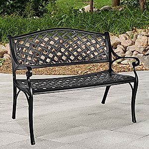 GIODIR Outdoor Patio Garden Bench All-Weather Cast Aluminum Loveseats Park Yard Furniture Porch Chair Work Entryway Decor w/Checkered Design (Black)