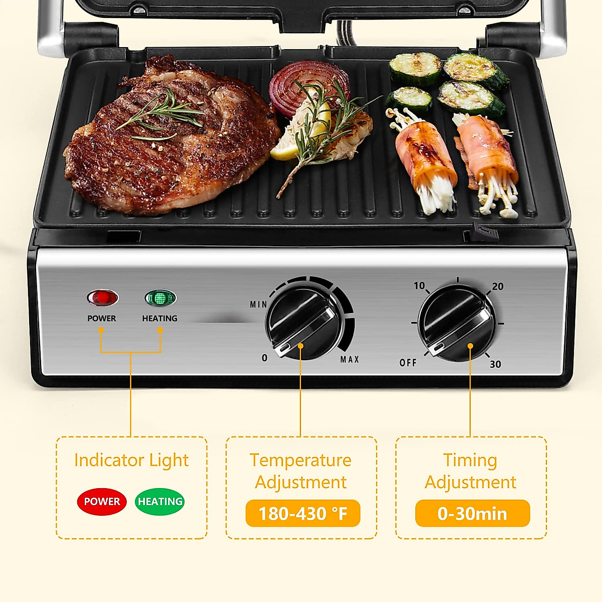 Aigostar Panini Press with removable plates, Electric Indoor Grill Smokeless, with Non-Stick Coated Plates, Opens 180 Degrees, Stainless Steel Sandwich Maker with Temperature Control & Timer, 1500W