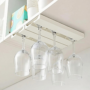 Riipoo Wine Glass Holder Under Shelf, Wine Glass Rack Under Cabinet, No Drill & Screws Stemware Rack for Bar Kitchen, 2-Pack, White