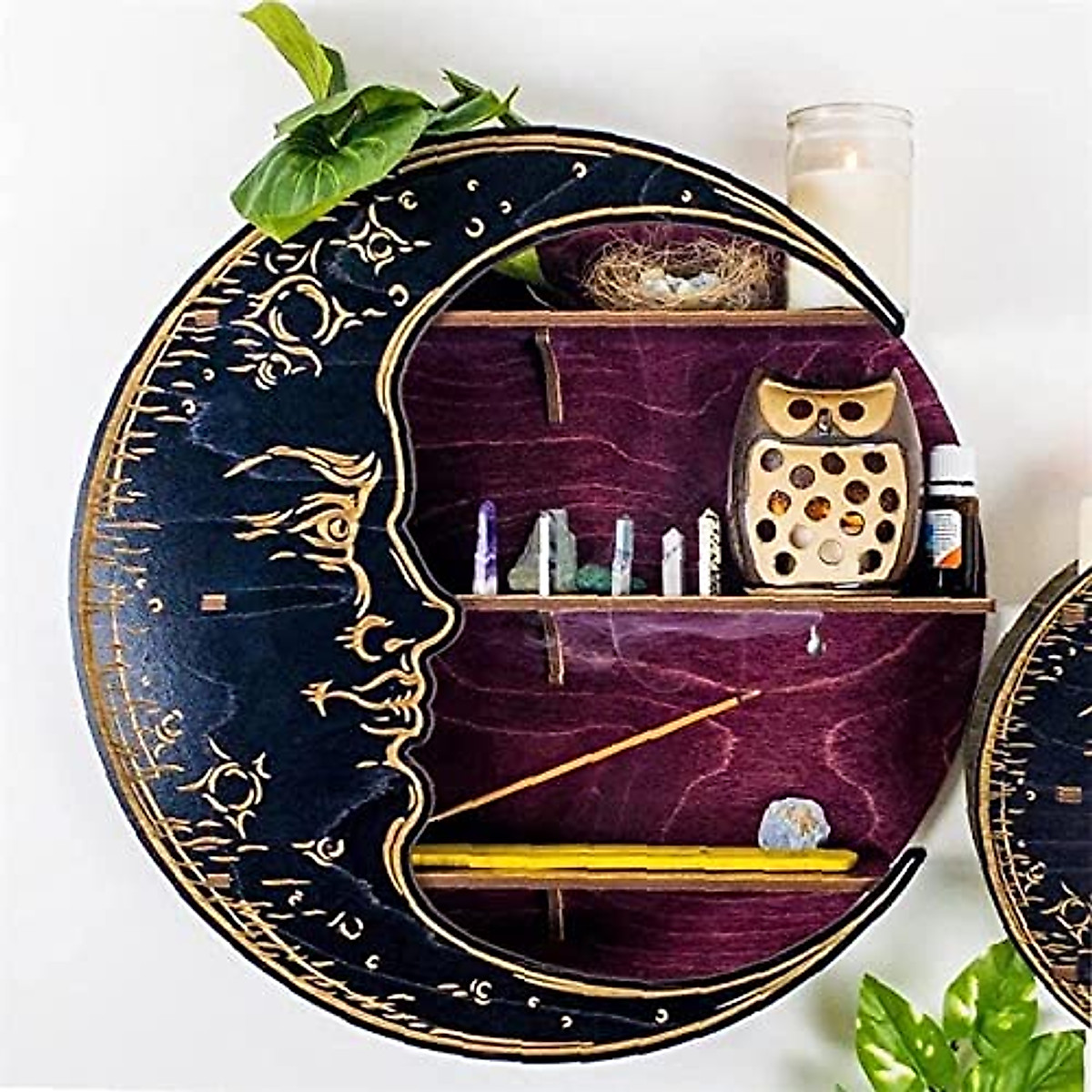 Moon Crystal Storage Rack Wall Mount Decorative 10x10 Inch, Wooden Floating Shelf Swing Mount Living Room Bedroom Bathroom Kitchen, Wood Crescent-Oil Rack,Black