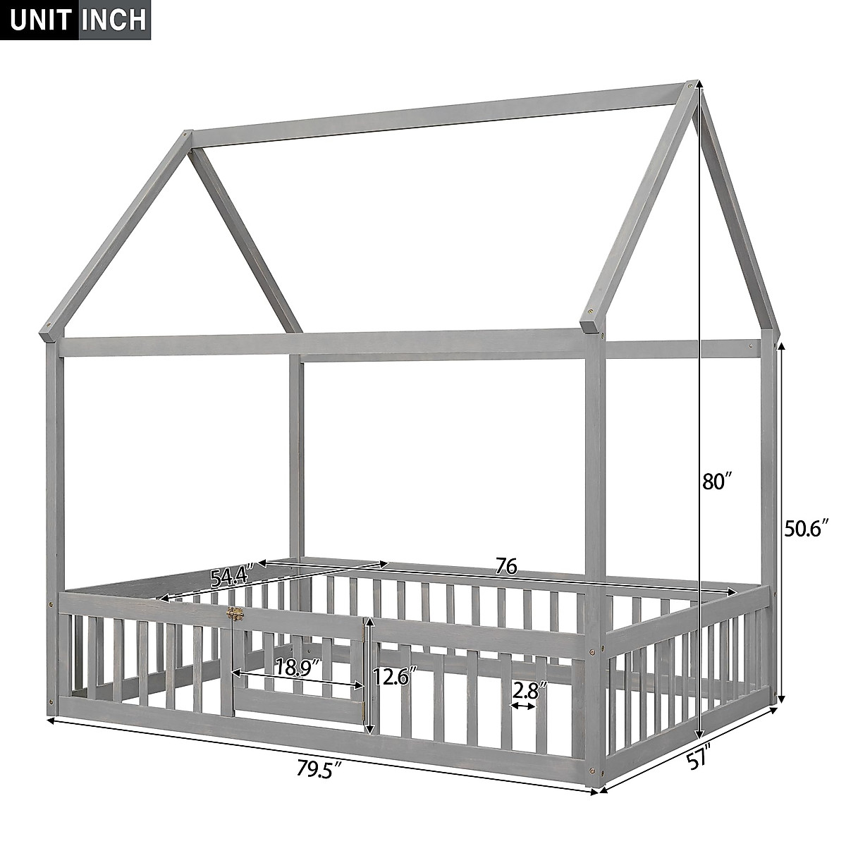 Harper & Bright Designs Grey House Bed Full Floor Bed with Fence Railings, Kids Wooden Full Size Montessori Bed Frame with Small Door for Kids, Fun Playhouse Beds, Full Size Bed Frame for Girls Boys