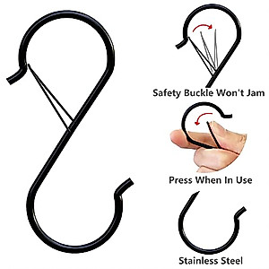 OlibaDu® 10 Pack S Hooks for Hanging, 3.5 inch S Hooks with Safety Buckle, S Hooks Heavy Duty for Hanging Kitchen Utensils Plant Hooks & Garage Tools (Black).