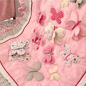 Brandream Pink Butterfly Floral Crib Bedding Set for Girls | 4 Piece Nursery Set | Comforter, Fitted Sheet, Skirt, Diaper Stacker Included