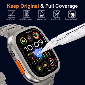 WINGLE 2-Pack for Apple Watch Ultra Screen Protector 49mm Case, 9H Tempered Glass + Titanium Alloy Frame [Keep Original] [Sensitive Touch] Protective Glass Film for iWatch Ultra,Original + Orange