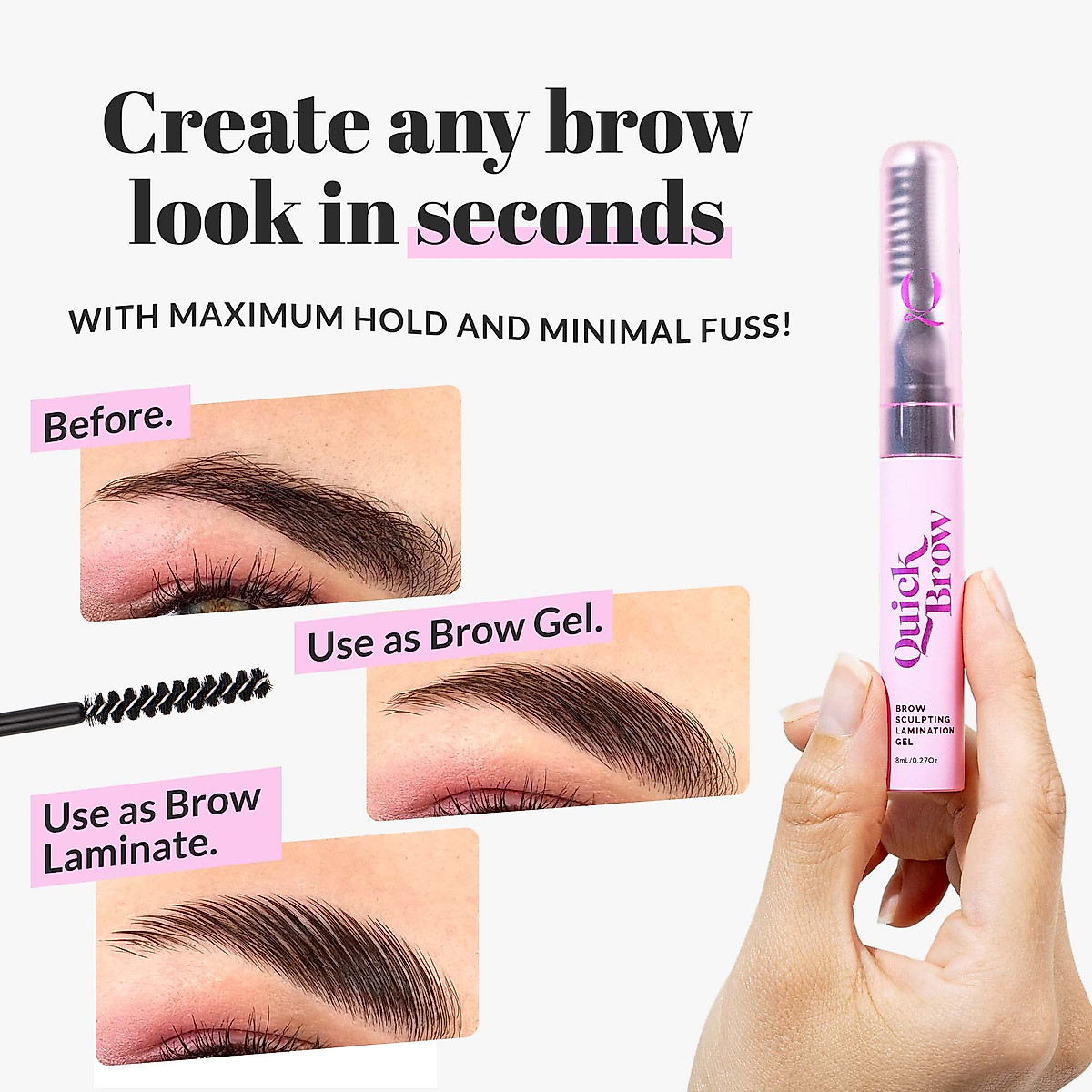 The Quick Flick - Quick Brow 2-in-1 Brow Lamination and Sculpting Gel, Unique Eyebrow Gel and Brow Wax Hybrid Formula, All-Day Hold Brow Gel and Laminate Eyebrow Makeup with Double-Sided Comb, 8 ml